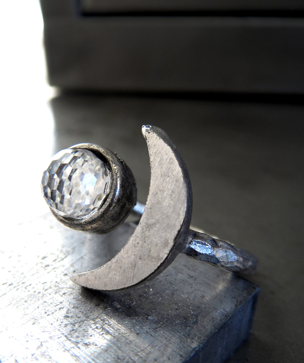 CELESTIAL Silver Crescent Moon Ring, Vintage Clear Crystal – ShySiren.com