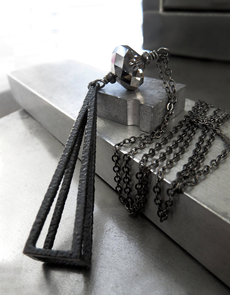 PYRAMID - Black Triangle Pendant Necklace, Long Gunmetal Black Chain ...