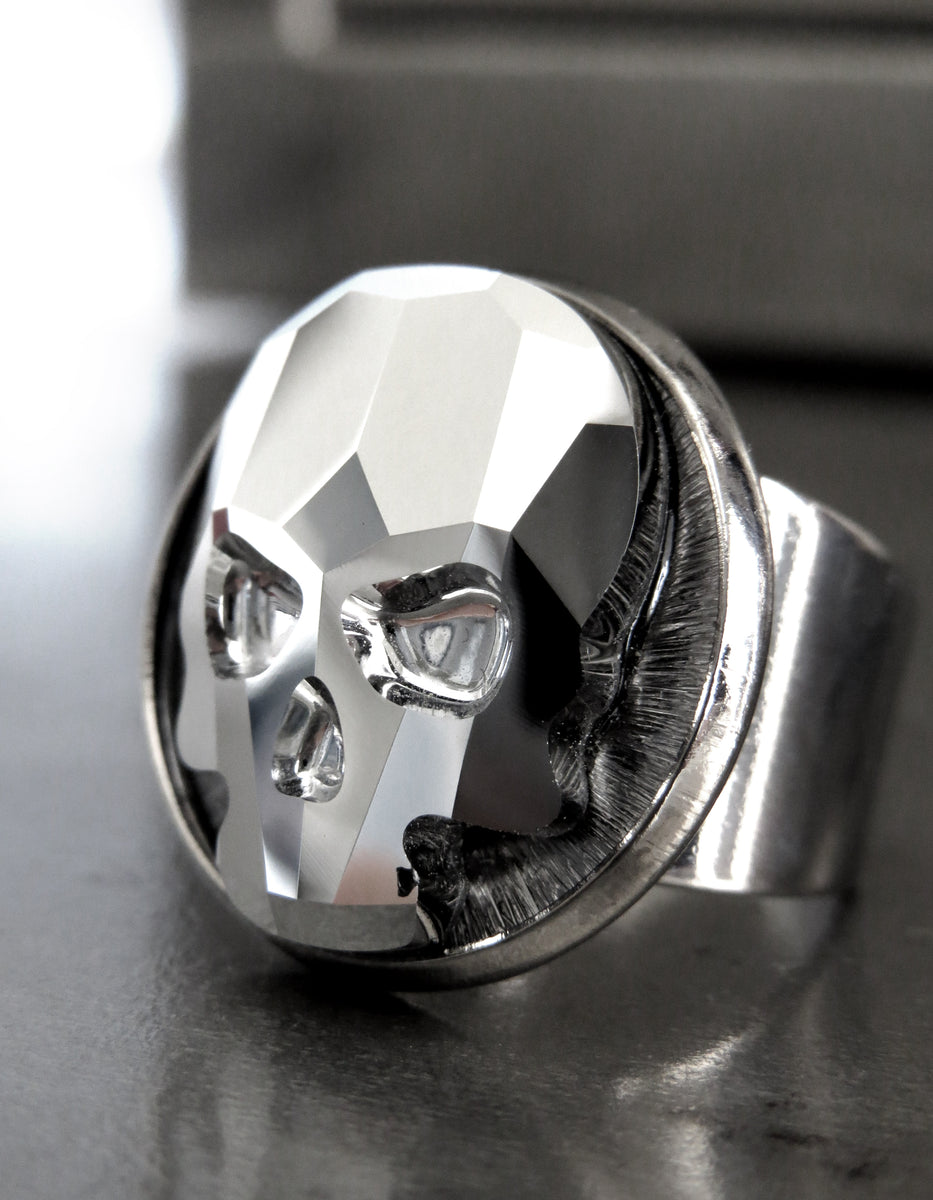 Crystal Skull Ring, Metallic Silver Skull Crystal, Mens Skull Ring ...